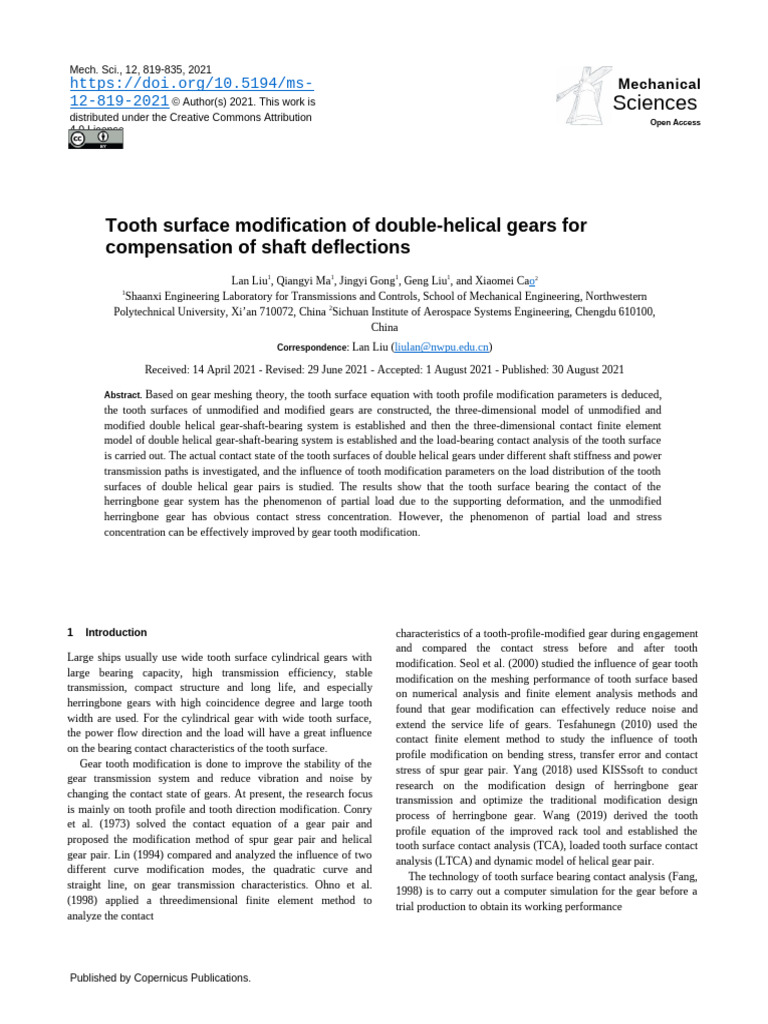 Liu Et Al 2021 Tooth Surface Modification Of Double Helical Gears Pdf