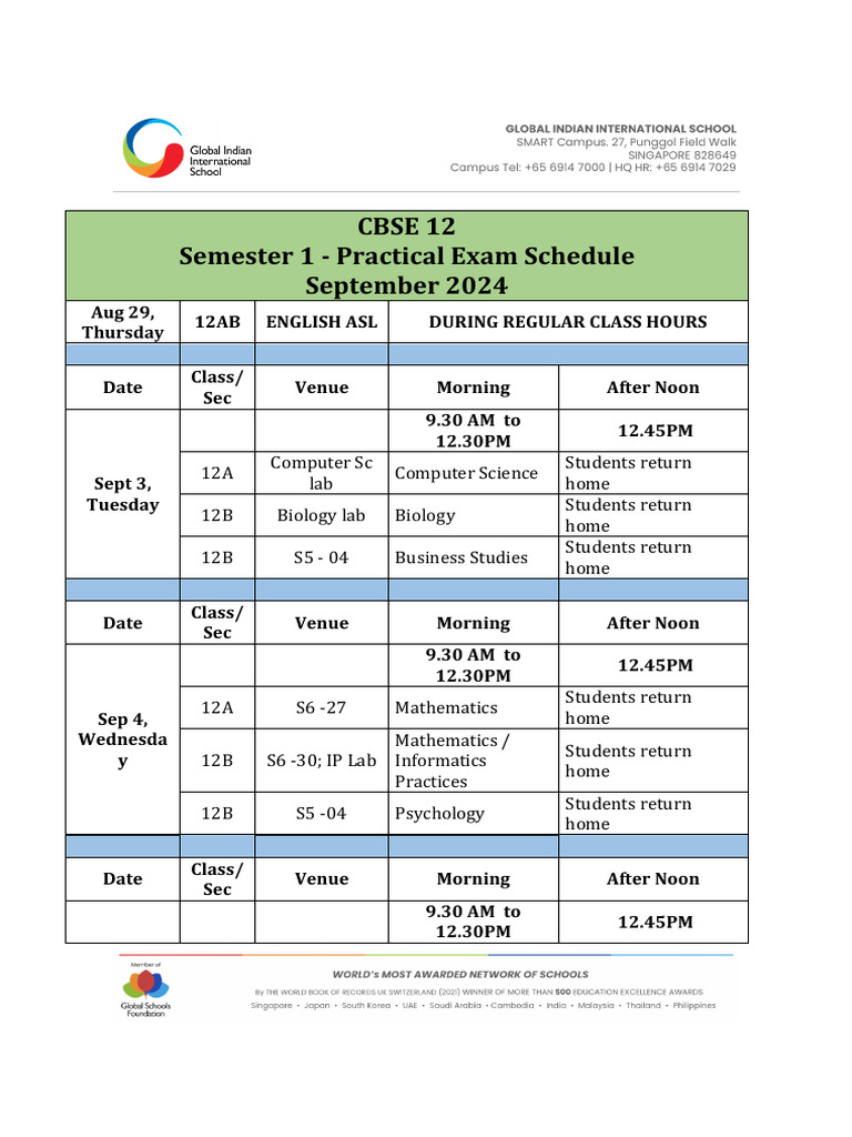Cbse 12 - Semester 1 - Practical Exam Schedule - Sept 2024 | PDF