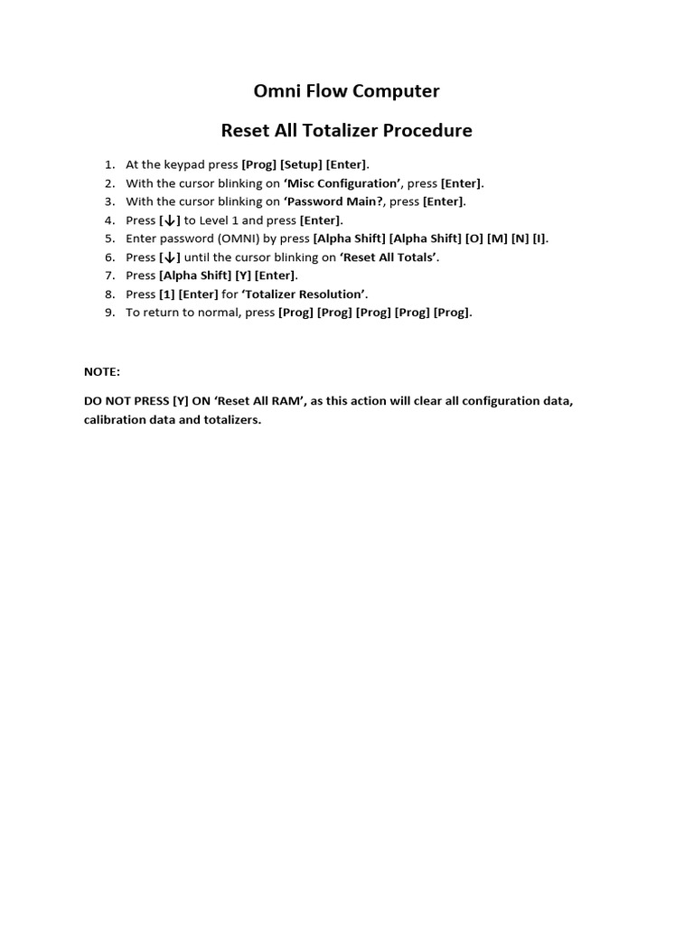 Omni Reset All Totalizer Procedure | PDF