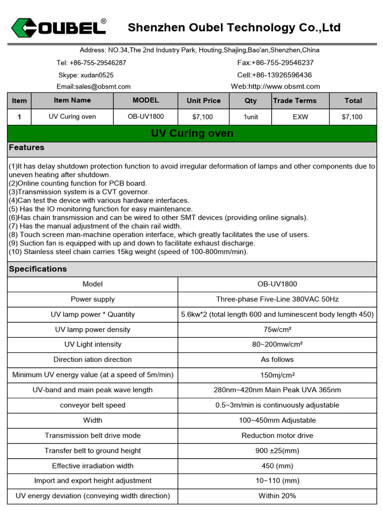 UV Curing Oven OB-UV1800 Specifications | PDF | Ultraviolet | Electrical Engineering