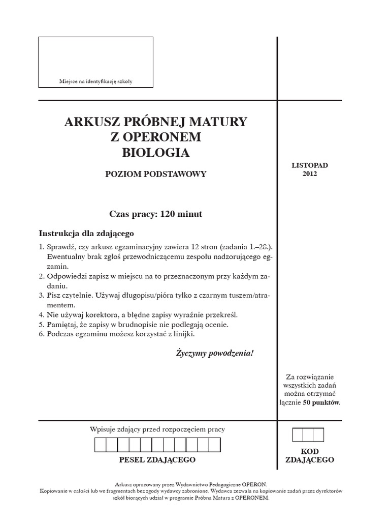 Biologia Arkusz ZP 3 | PDF