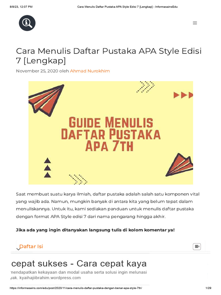 Cara Menulis Daftar Pustaka APA Style Edisi 7 (Lengkap) - InformasainsEdu | PDF | Kajian Bahasa ...