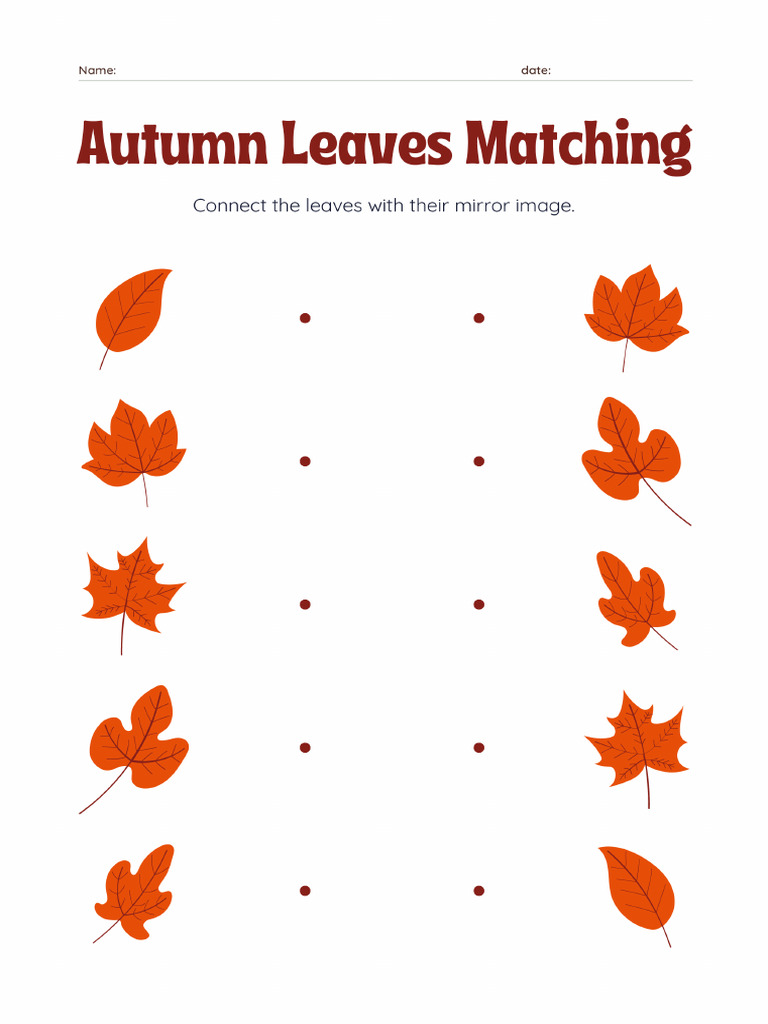 Autumn Leaves Matching Worksheet in Orange Illustrative Style | PDF