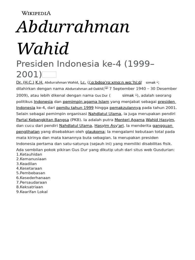 Abdurrahman Wahid - Wikipedia Bahasa Indonesia, Ensiklopedia Bebas | PDF