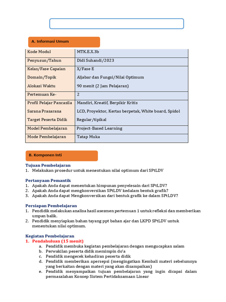 Modul Ajar Sistem Pertidaksamaan Linear | PDF