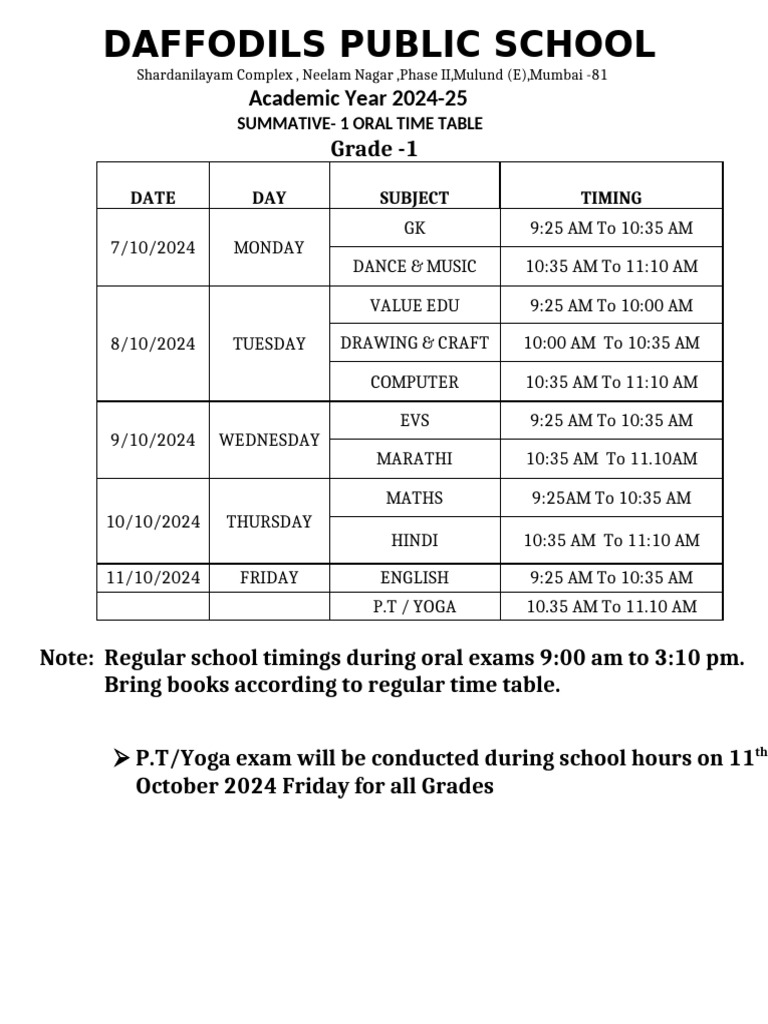 ORAL TIME TABLE GRADE -1 | PDF