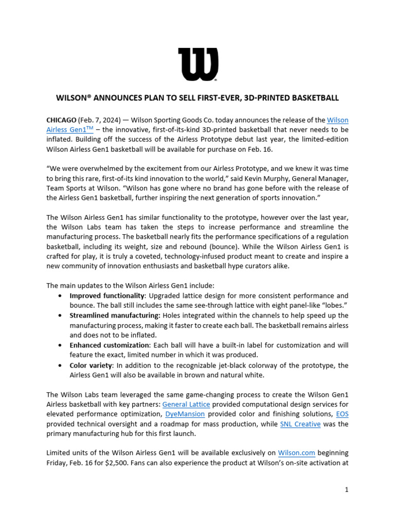 Wilson Press Release Airless Gen1 24 02 | PDF | Ball Games | Sports
