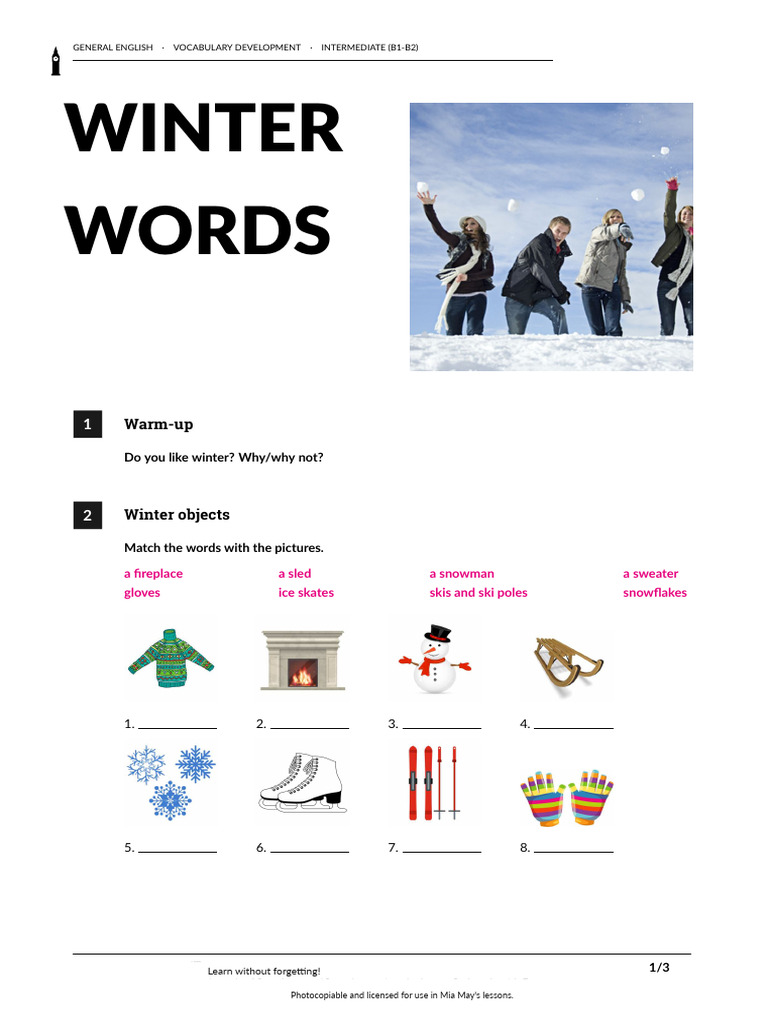 Winter Words American English Teacher Ver2 BW | PDF