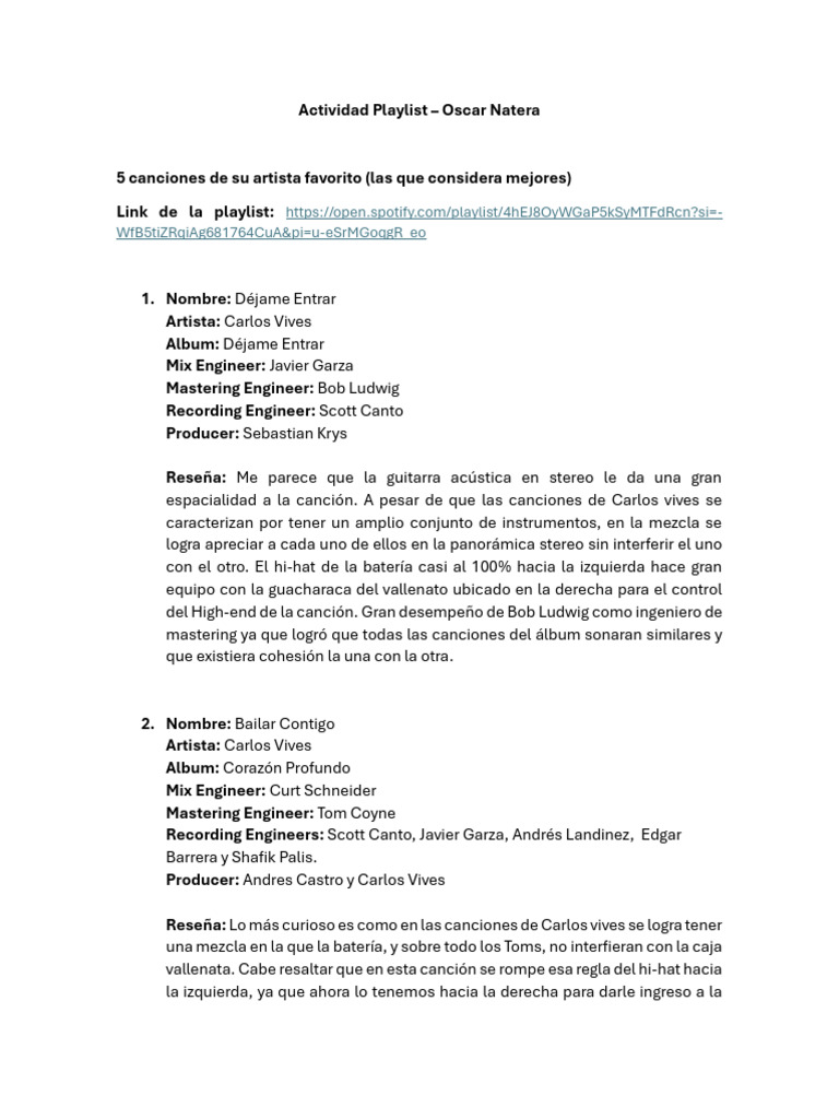 Actividad Playlist - Oscar Natera | PDF