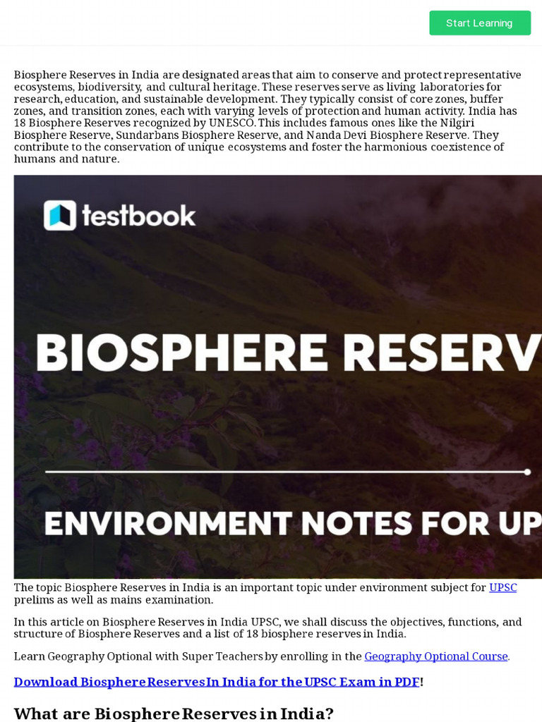 Biosphere Reserves in India UPSC Notes - Biosphere Reserves List | PDF