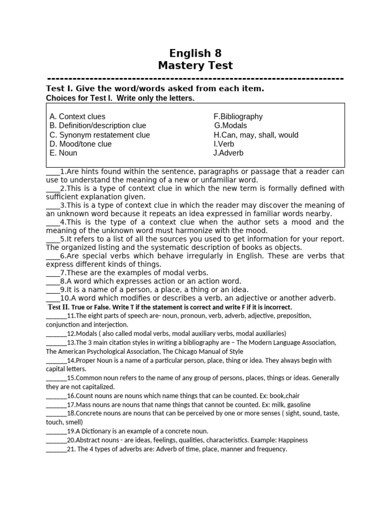 English 8 Mastery Test Guide | PDF | Verb | Noun