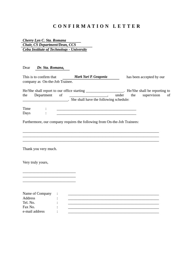CONFIRMATION LETTER TEMPLATE | PDF