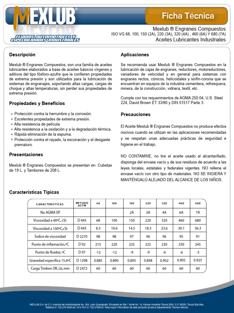 Ficha Técnica del aceite MEXLUB ENGRANES COMPUESTOS 2A ISO 150 | PDF