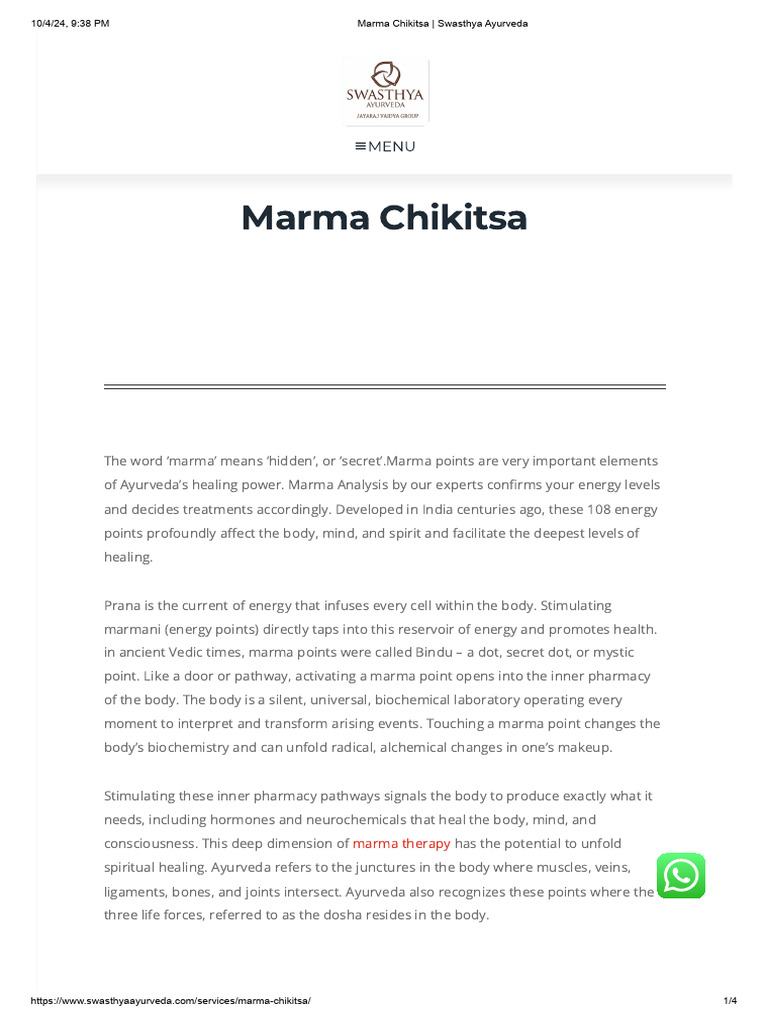 Marma Chikitsa - Swasthya Ayurveda | PDF