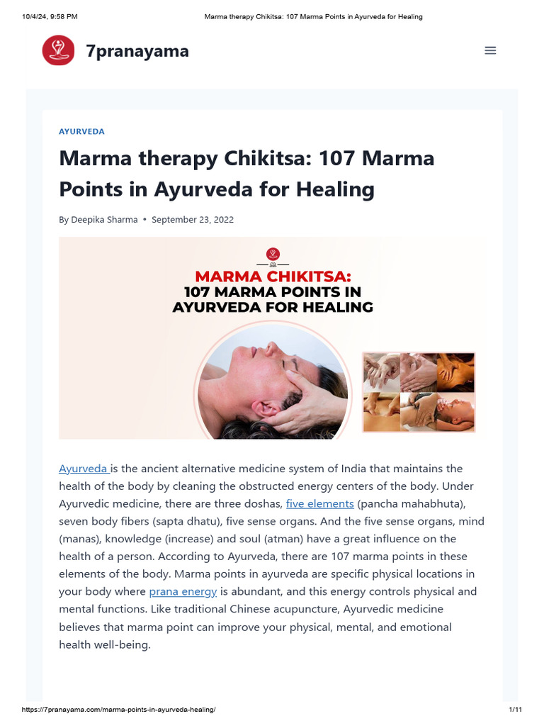 Marma Therapy Chikitsa - 107 Marma Points in Ayurveda For Healing | PDF