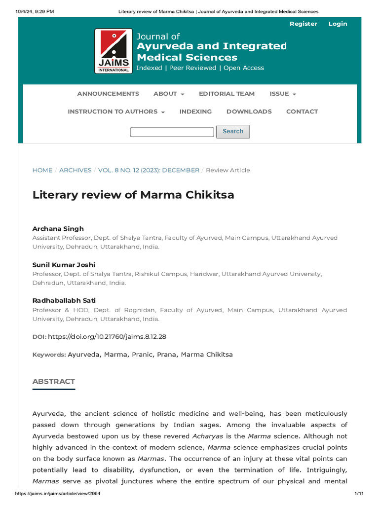 Literary Review of Marma Chikitsa - Journal of Ayurveda and Integrated Medical Sciences | PDF