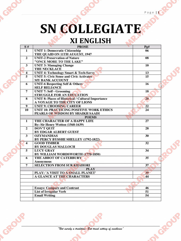 Xi-English Complete Notes by SN Collegiate | PDF