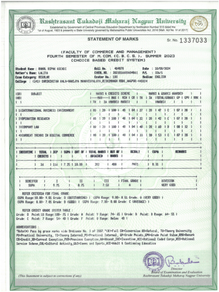 4th Sem Marksheet | PDF
