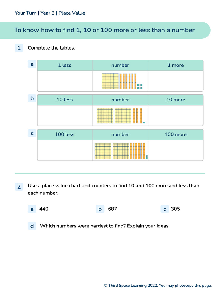 Y3 Worksheet 1, 10 or 100 More or Less | PDF