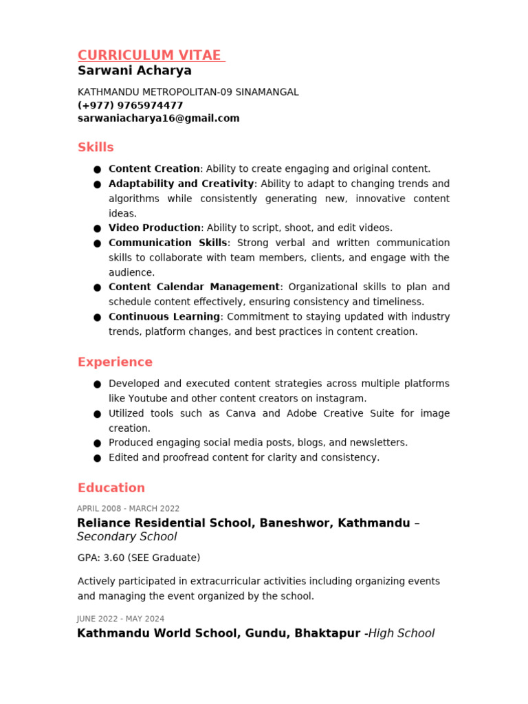 Curriculum Vitae: Sarwani Acharya | PDF