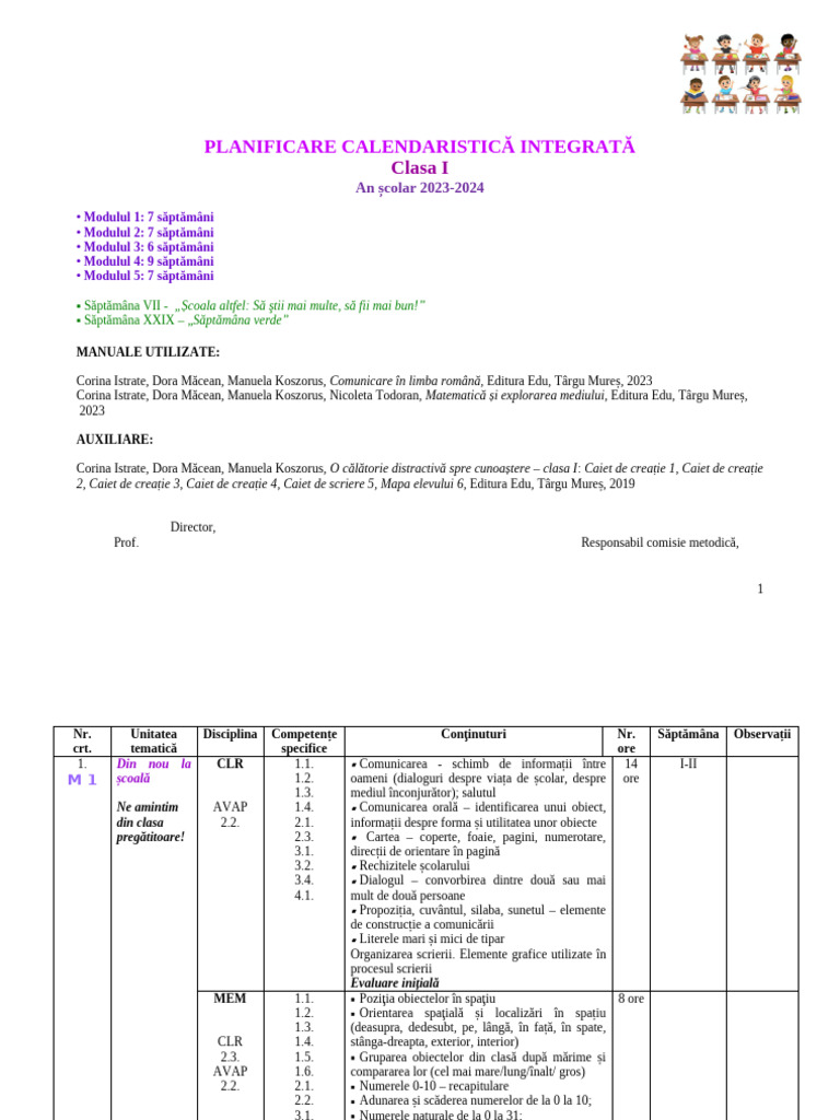 Planificare Calendaristica Integrata Clasa I 20232024 | PDF