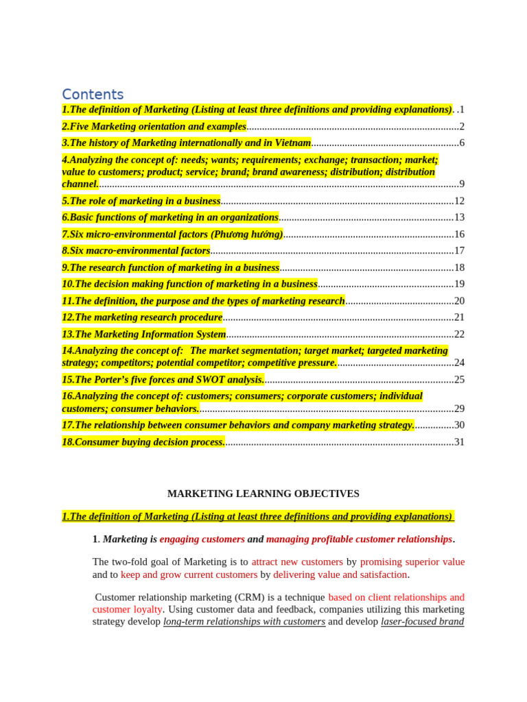 Marketing Learning Objectives | PDF