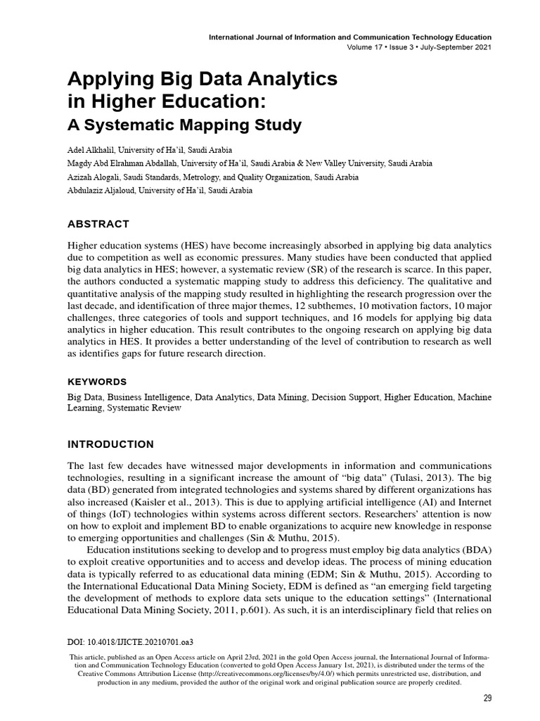 2021 Applying Big Data Analytics in HE - A Systematic Mapping Study | PDF