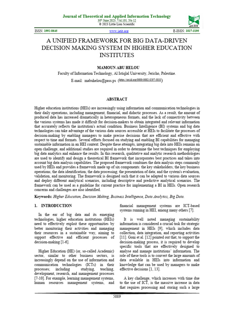 2023 A Unified Framework For Big Data Driven Decision Making System In Heis Pdf