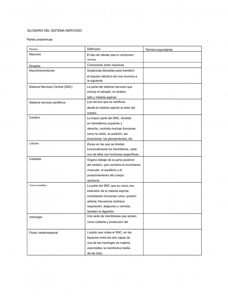 NERVOUS SYSTEM GLOSSARY | PDF