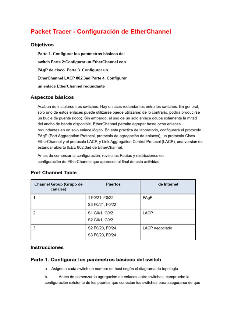 Packet Tracer - Configuración de EtherChannel | PDF
