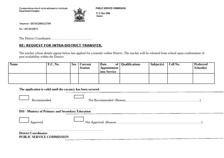 Intra - District Transfer Application Form | PDF