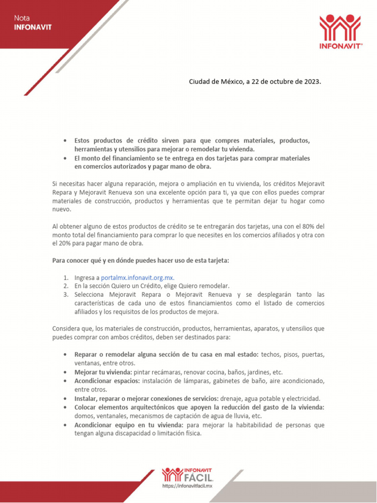 57 INFONAVIT FÁCIL - Mejoravit Repara y Renueva 22102023 | PDF