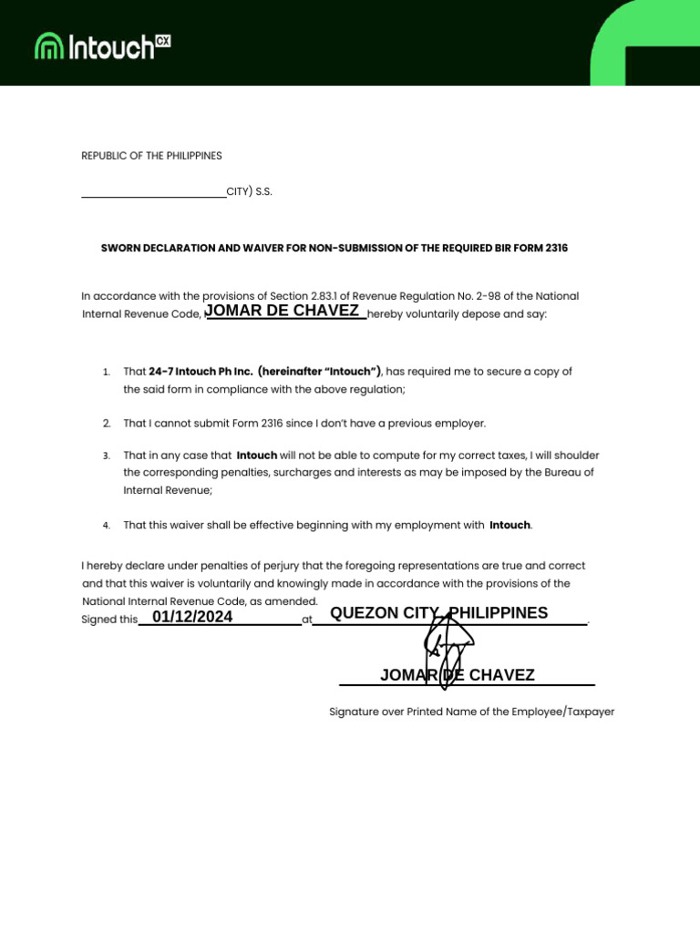 Waiver - No Employer For ITR 2316 (SIGNED) | PDF