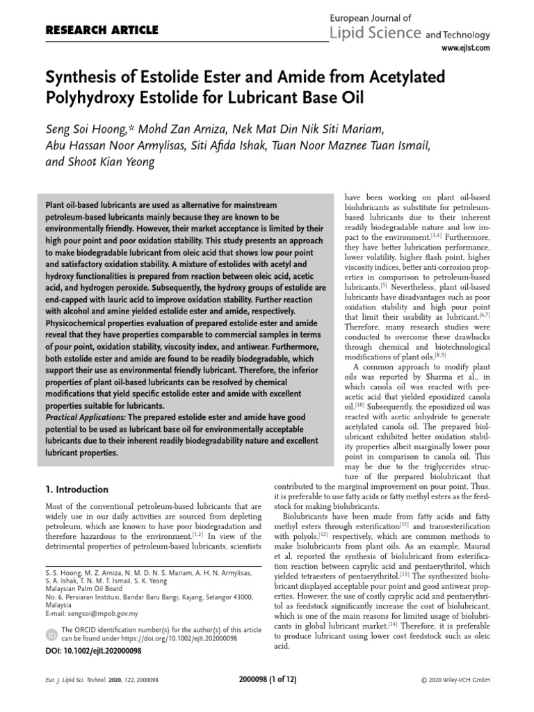 Hoong Et Al. - 2020 - Synthesis of Estolide Ester and Amide From Acetylated Polyhydroxy Estolide ...