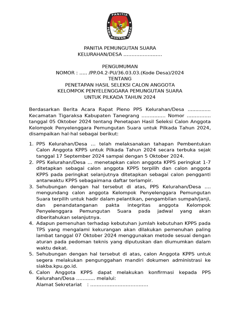 1 Pengumuman Pps Penetapan Hasil Seleksi Kpps | PDF