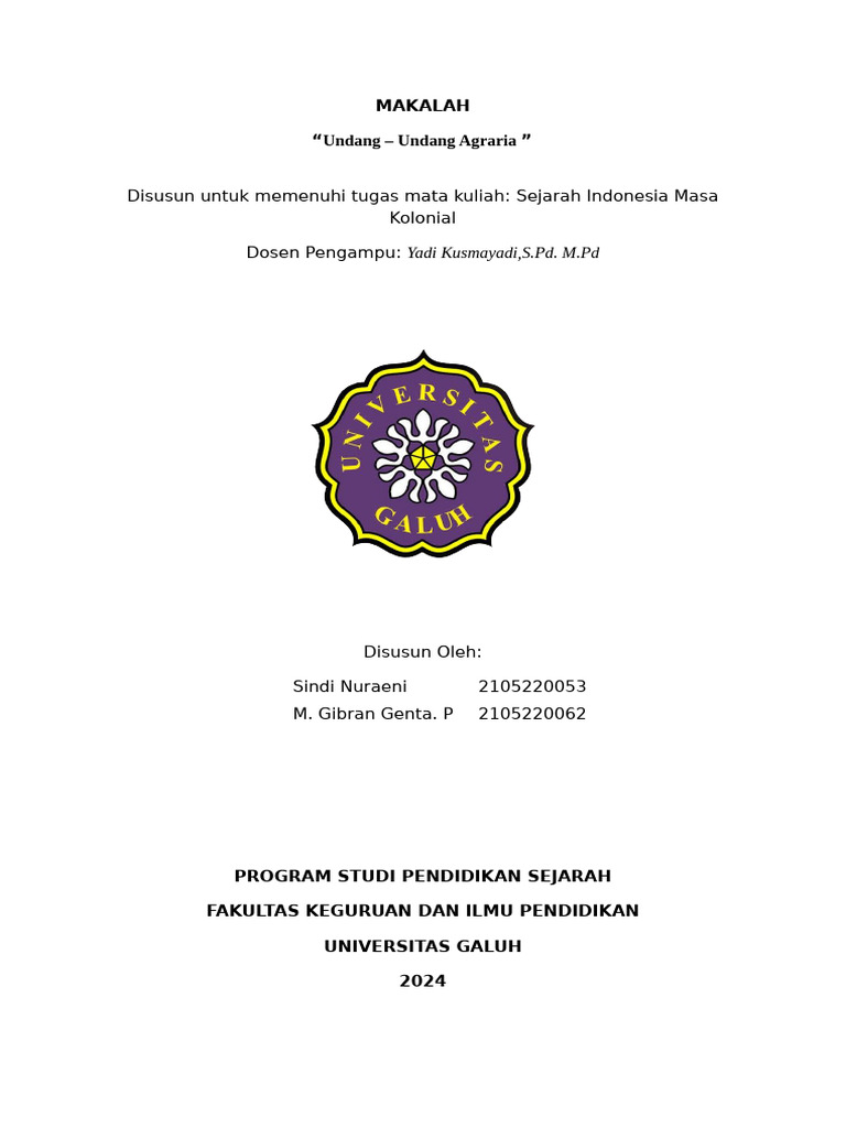 RESUME SEJ - INDO-KOLONIAL UU-AGRARIA1870 2A Nim.53-62 | PDF