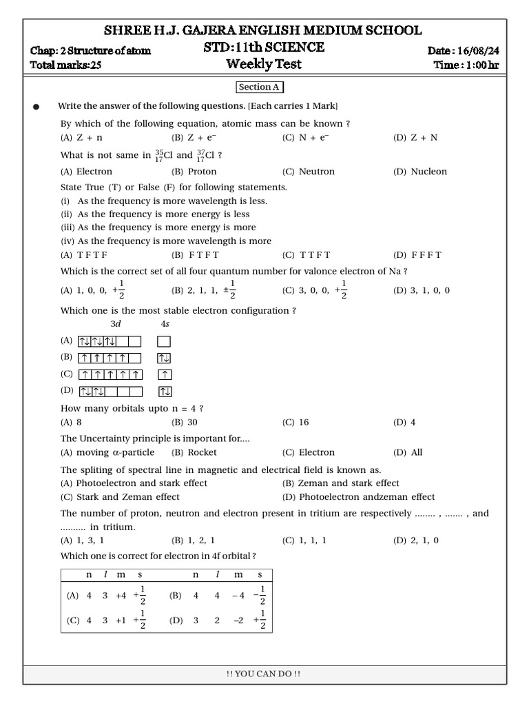 WeeklyTest - D14 Aug 2024 | PDF | Electron | Neutron