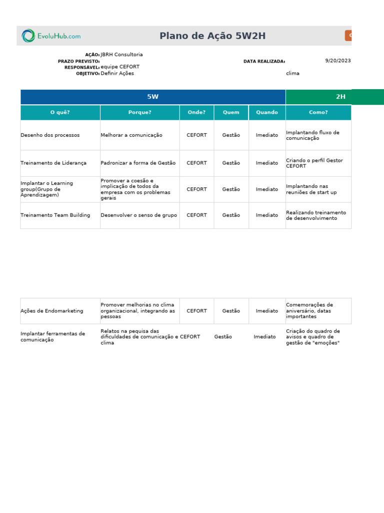5w2h Planilha Gratis Evoluhub | PDF