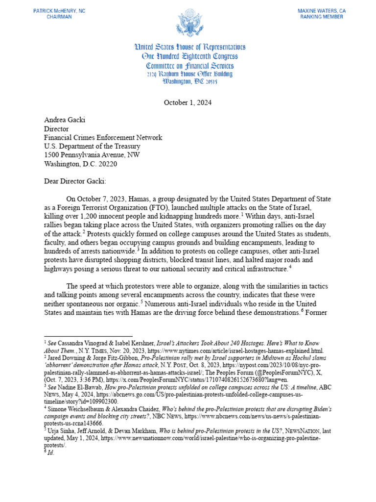2024-10-01 Huizenga Luetkemeyer - Letter To FinCEN Re Protest Funding | PDF