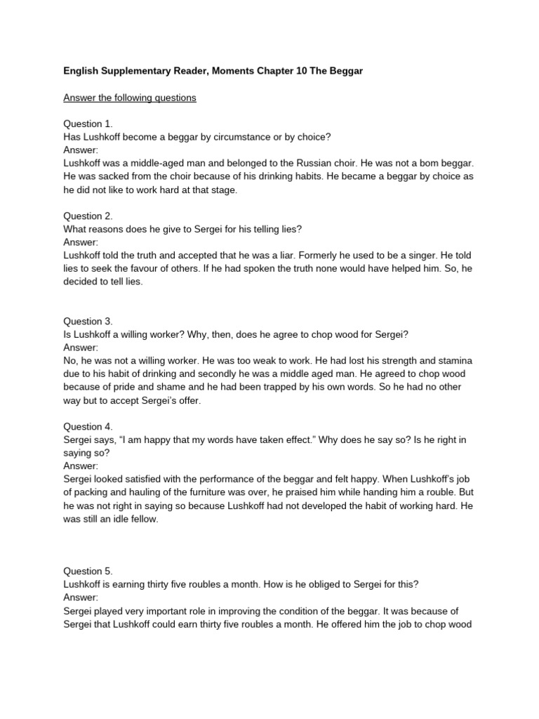 English Supplementary Reader, Moments Chapter 10 The Beggar | PDF
