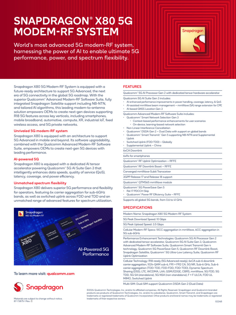87-73875-1 REV C Snapdragon X80 5G Modem-RF System Product Brief | PDF