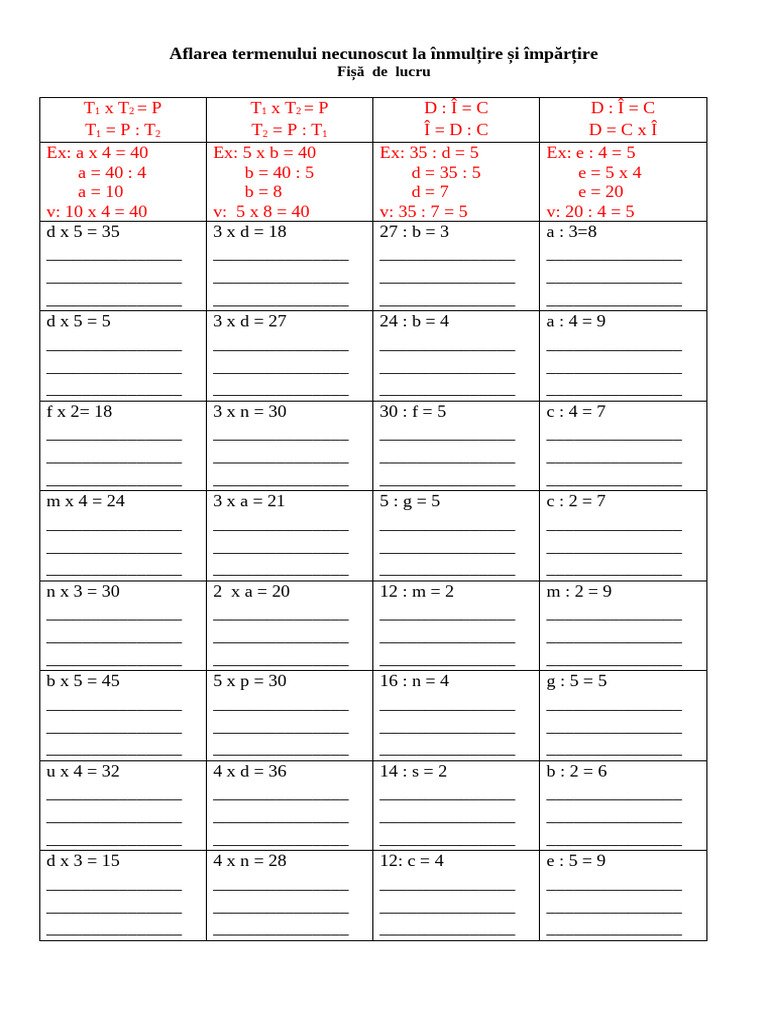 Aflarea Termenului Necunoscut Inmultire Si Impartire | PDF