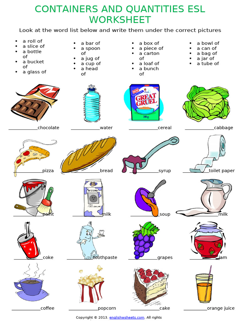 containers and quantities matching exercises esl worksheet | PDF