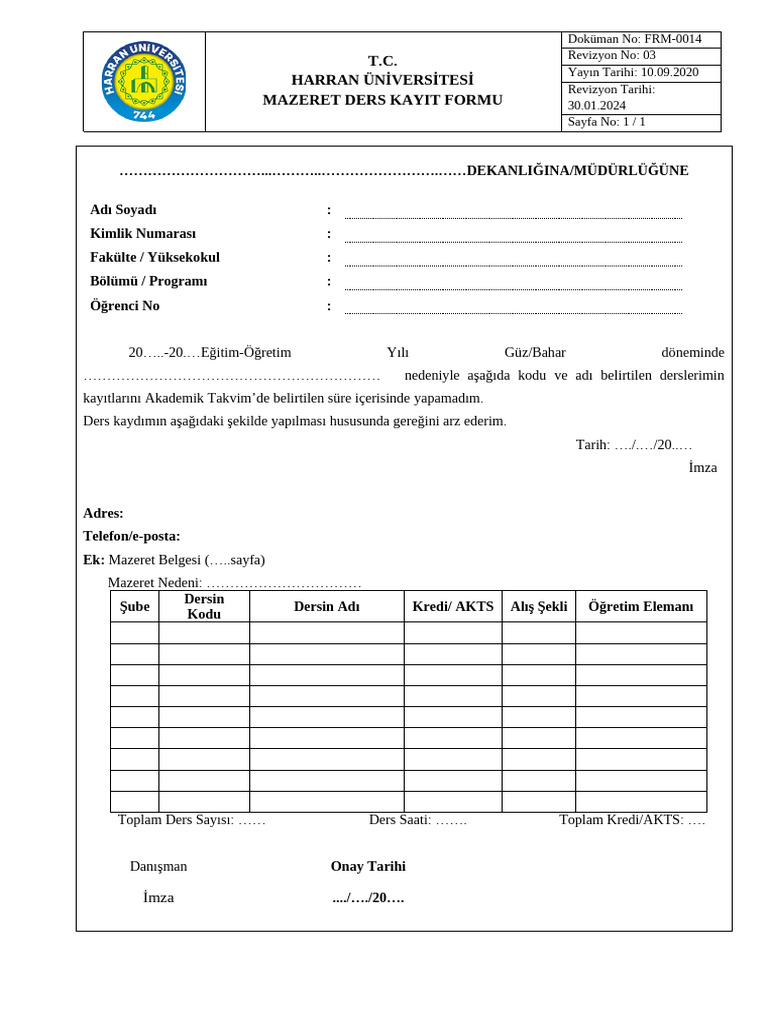 14) FRM-0014 Mazeret Ders Kayit Formu | PDF