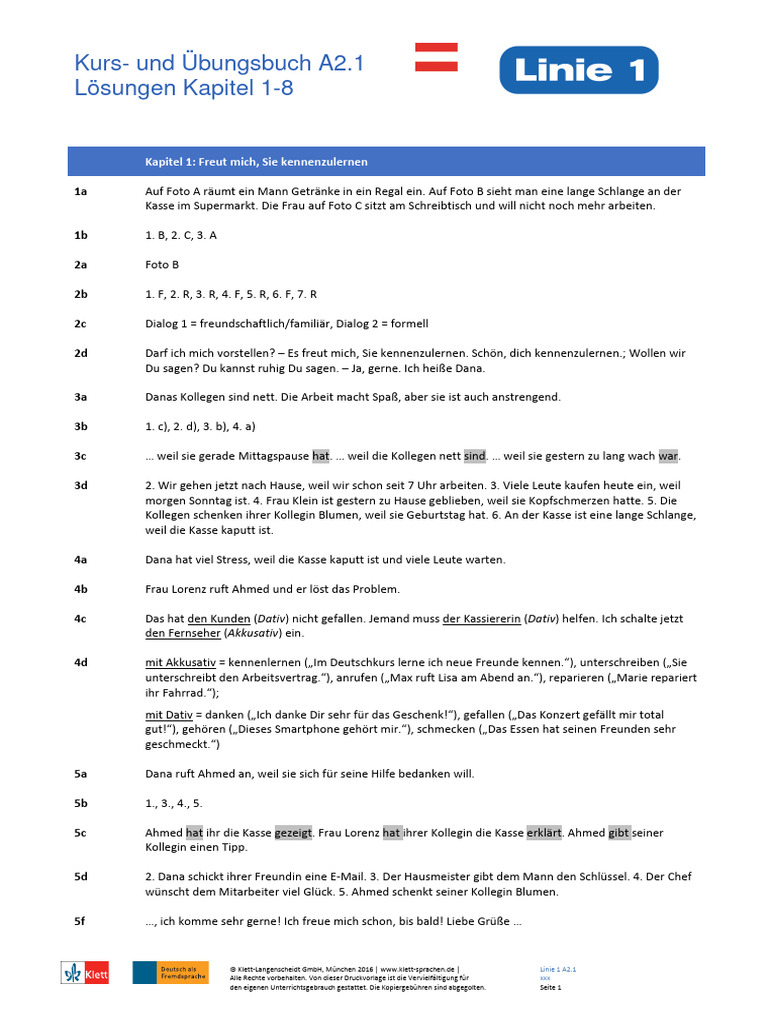 Linie-1 Oesterreich A2 Loesungen-Kursbuch A2.1 | PDF