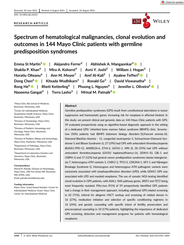 Spectrum of Hematological Malignancies, Clonal Evolution and Outcomes ...