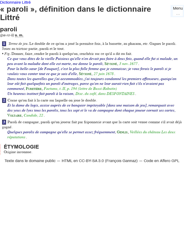 Paroli, Définition Dans Le Dictionnaire Littré | PDF