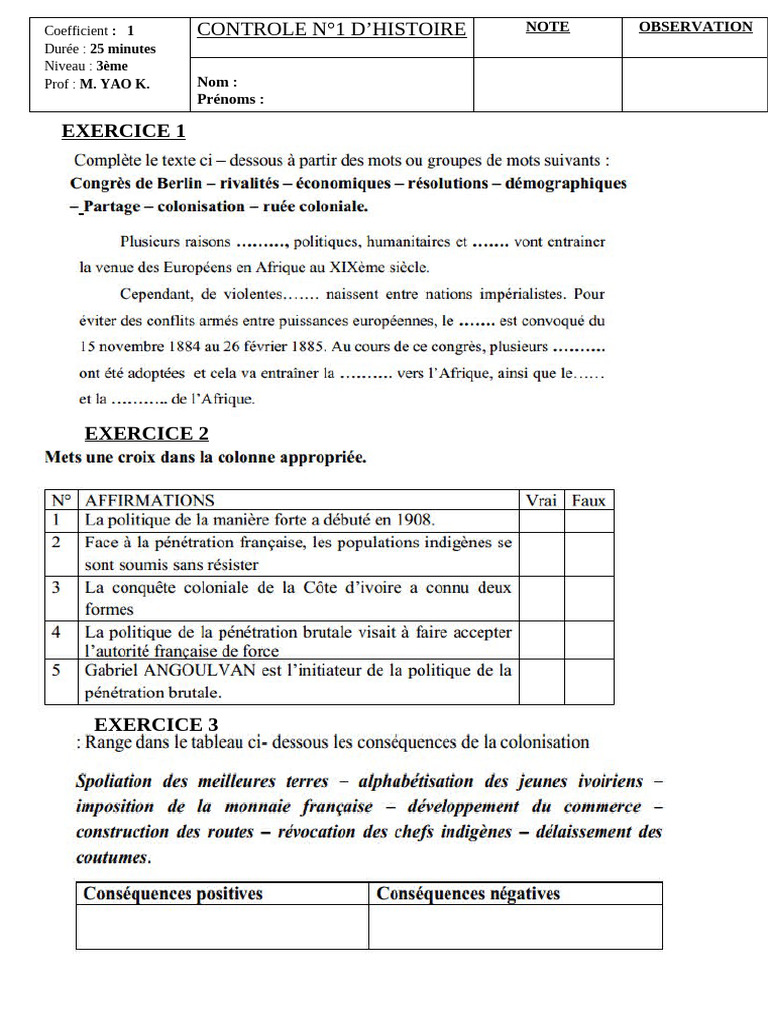 CONTROLE 3ème | PDF
