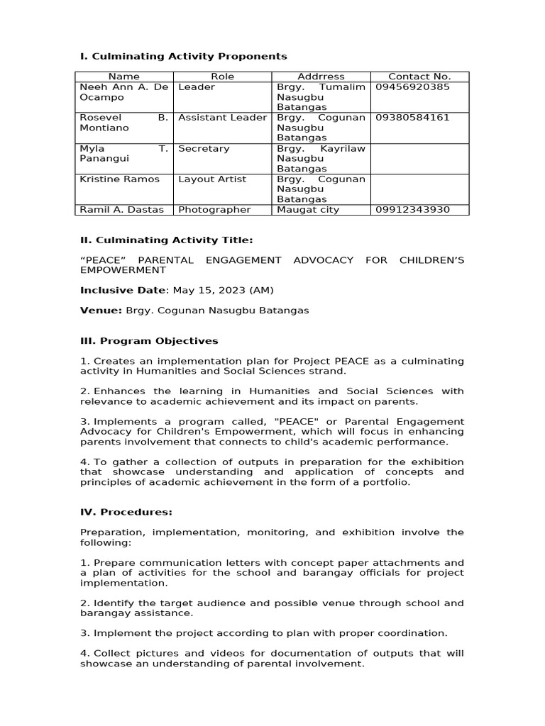 Culminating Activity Proponents | PDF