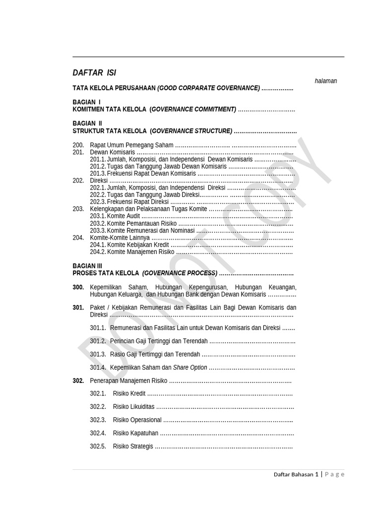 Daftar Isi Sop Tata Kelola (GCG) BPR | PDF
